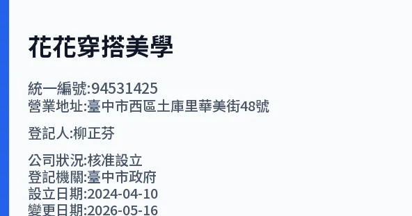 花花穿搭美學的照片-統編 94531425(臺中市) 公司登記資料與營業項目詳細圖表