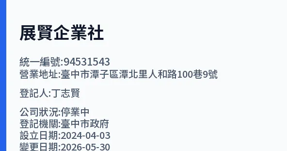 展賢企業社的照片-統編 94531543(臺中市) 公司登記資料與營業項目詳細圖表