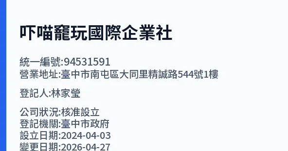 吓喵竉玩國際企業社的照片-統編 94531591(臺中市) 公司登記資料與營業項目詳細圖表