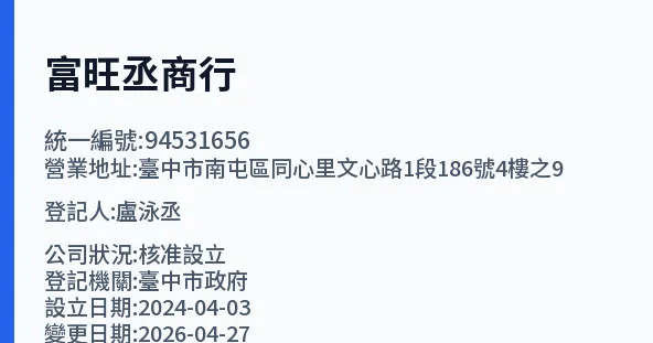 富旺丞商行的照片-統編 94531656(臺中市) 公司登記資料與營業項目詳細圖表