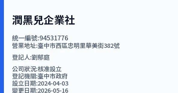 潤黑兒企業社的照片-統編 94531776(臺中市) 公司登記資料與營業項目詳細圖表