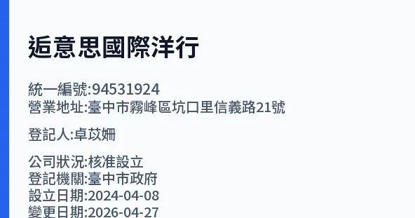 逅意思國際洋行的照片-統編 94531924(臺中市) 公司登記資料與營業項目詳細圖表