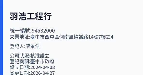 羽浩工程行的照片-統編 94532000(臺中市) 公司登記資料與營業項目詳細圖表