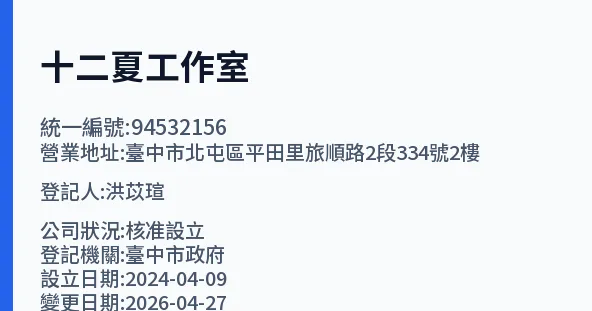 十二夏工作室的照片-統編 94532156(臺中市) 公司登記資料與營業項目詳細圖表