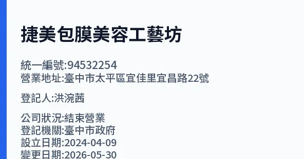 捷美包膜美容工藝坊的照片-統編 94532254(臺中市) 公司登記資料與營業項目詳細圖表