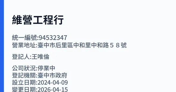 維營工程行的照片-統編 94532347(臺中市) 公司登記資料與營業項目詳細圖表