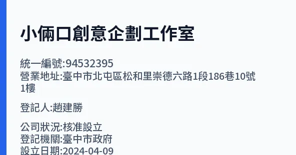 小倆口創意企劃工作室的照片-統編 94532395(臺中市) 公司登記資料與營業項目詳細圖表