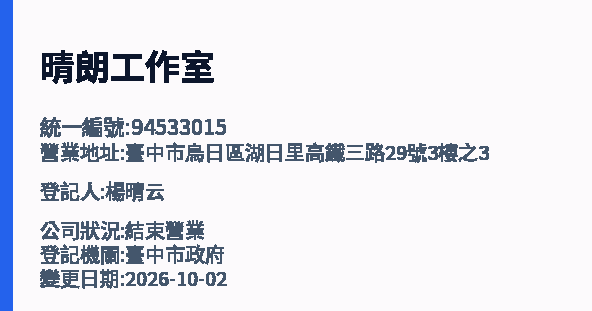 晴朗工作室的照片-統編 94533015(臺中市) 公司登記資料與營業項目詳細圖表
