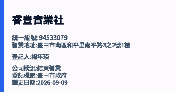 睿豊實業社的照片-統編 94533079(臺中市) 公司登記資料與營業項目詳細圖表