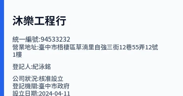 沐樂工程行的照片-統編 94533232(臺中市) 公司登記資料與營業項目詳細圖表