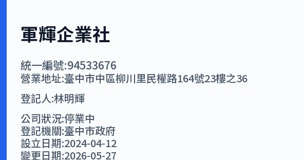 軍輝企業社的照片-統編 94533676(臺中市) 公司登記資料與營業項目詳細圖表