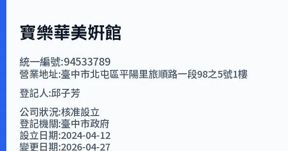 寶樂華美姸館的照片-統編 94533789(臺中市) 公司登記資料與營業項目詳細圖表