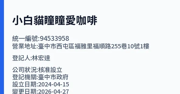 小白貓瞳瞳愛咖啡的照片-統編 94533958(臺中市) 公司登記資料與營業項目詳細圖表