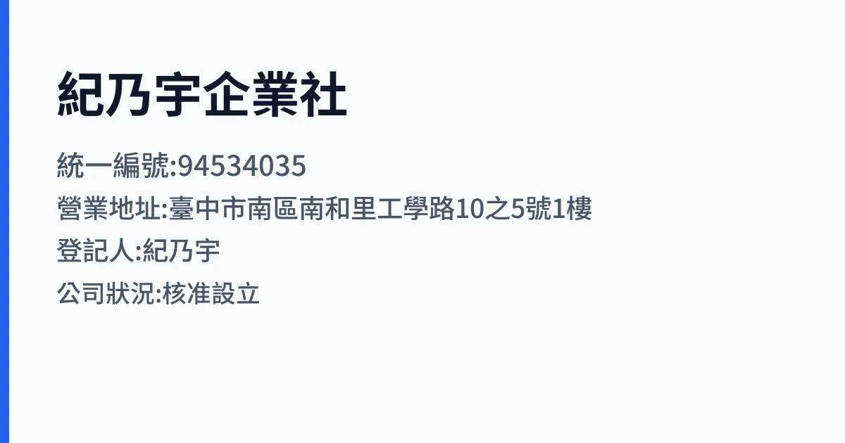 紀乃宇企業社 - 統編 94534035(臺中市) 公司登記資料與營業項目詳細圖表