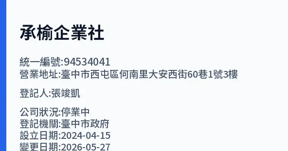 承榆企業社的照片-統編 94534041(臺中市) 公司登記資料與營業項目詳細圖表
