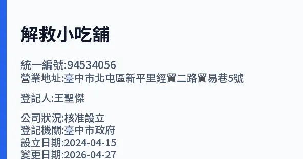 解救小吃舖的照片-統編 94534056(臺中市) 公司登記資料與營業項目詳細圖表