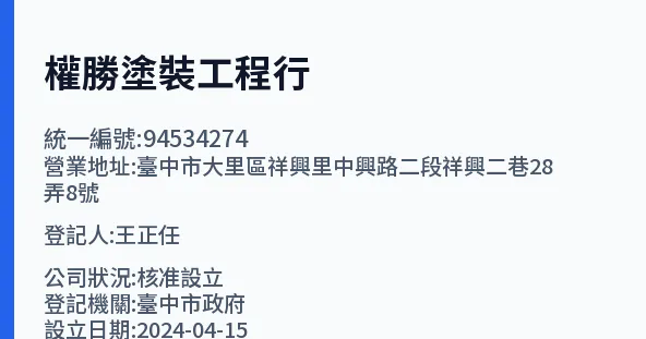 權勝塗裝工程行的照片-統編 94534274(臺中市) 公司登記資料與營業項目詳細圖表
