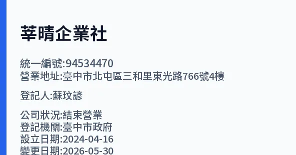 莘晴企業社的照片-統編 94534470(臺中市) 公司登記資料與營業項目詳細圖表