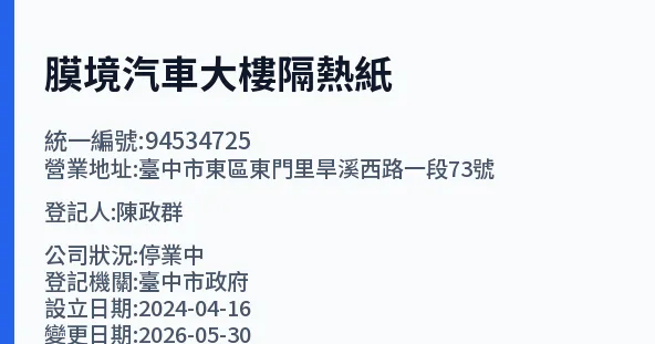 膜境汽車大樓隔熱紙的照片-統編 94534725(臺中市) 公司登記資料與營業項目詳細圖表
