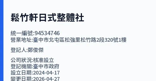 鬆竹軒日式整體社的照片-統編 94534746(臺中市) 公司登記資料與營業項目詳細圖表