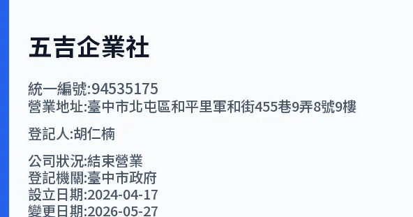 五吉企業社的照片-統編 94535175(臺中市) 公司登記資料與營業項目詳細圖表