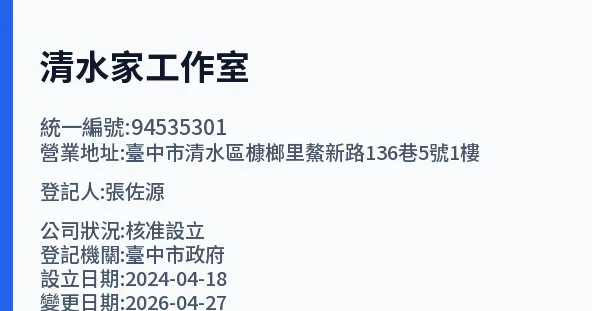 清水家工作室的照片-統編 94535301(臺中市) 公司登記資料與營業項目詳細圖表