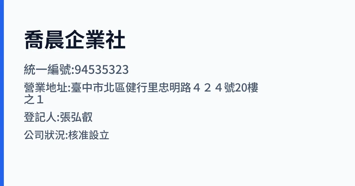 喬晨企業社 - 統編 94535323(臺中市) 公司登記資料與營業項目詳細圖表