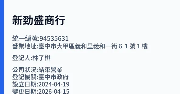 新勁盛商行的照片-統編 94535631(臺中市) 公司登記資料與營業項目詳細圖表