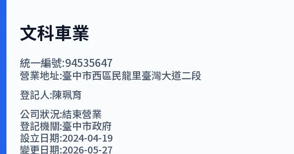 文科車業的照片-統編 94535647(臺中市) 公司登記資料與營業項目詳細圖表