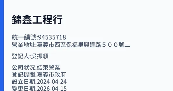 錦鑫工程行的照片-統編 94535718(臺中市) 公司登記資料與營業項目詳細圖表