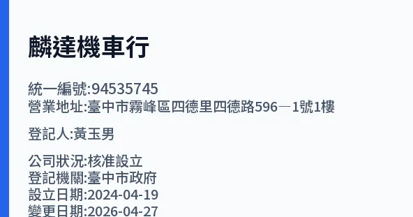 麟達機車行的照片-統編 94535745(臺中市) 公司登記資料與營業項目詳細圖表