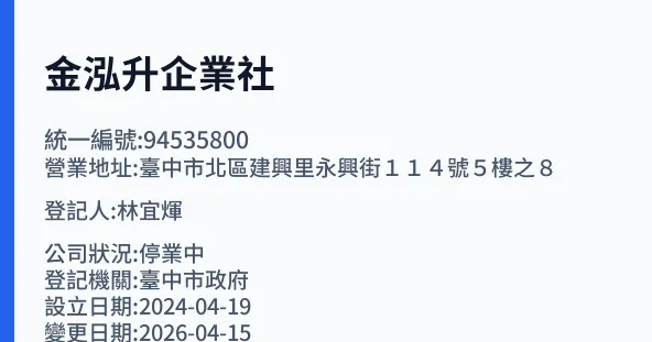 金泓升企業社的照片-統編 94535800(臺中市) 公司登記資料與營業項目詳細圖表