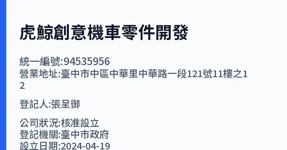 虎鯨創意機車零件開發的照片-統編 94535956(臺中市) 公司登記資料與營業項目詳細圖表