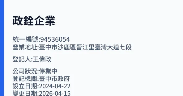 政銓企業的照片-統編 94536054(臺中市) 公司登記資料與營業項目詳細圖表