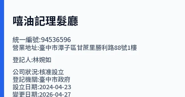 嘻油記理髮廳的照片-統編 94536596(臺中市) 公司登記資料與營業項目詳細圖表