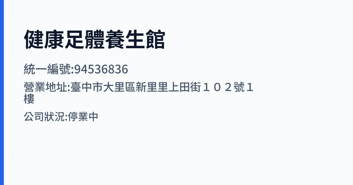 健康足體養生館 - 統編 94536836(臺中市) 公司登記資料與營業項目詳細圖表