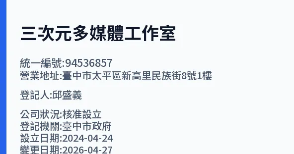 三次元多媒體工作室的照片-統編 94536857(臺中市) 公司登記資料與營業項目詳細圖表