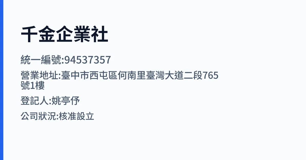 千金企業社 - 統編 94537357(臺中市) 公司登記資料與營業項目詳細圖表