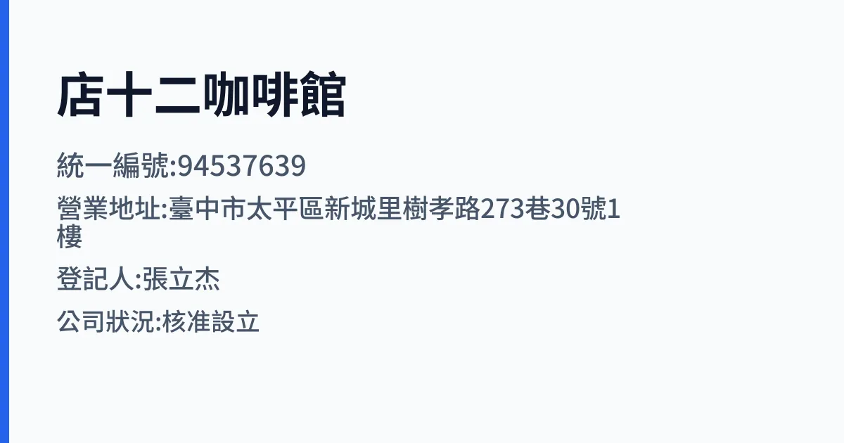店十二咖啡館 - 統編 94537639(臺中市) 公司登記資料與營業項目詳細圖表