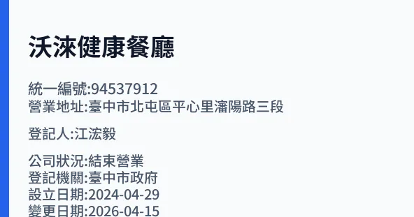 沃淶健康餐廳的照片-統編 94537912(臺中市) 公司登記資料與營業項目詳細圖表