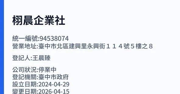 栩晨企業社的照片-統編 94538074(臺中市) 公司登記資料與營業項目詳細圖表