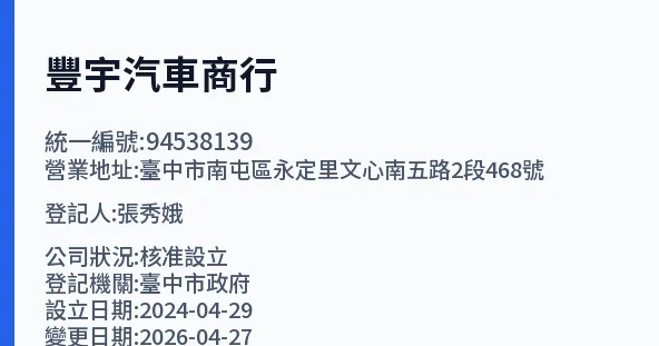 豐宇汽車商行的照片-統編 94538139(臺中市) 公司登記資料與營業項目詳細圖表