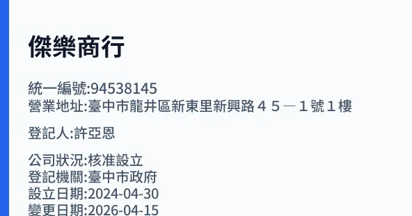 傑樂商行的照片-統編 94538145(臺中市) 公司登記資料與營業項目詳細圖表