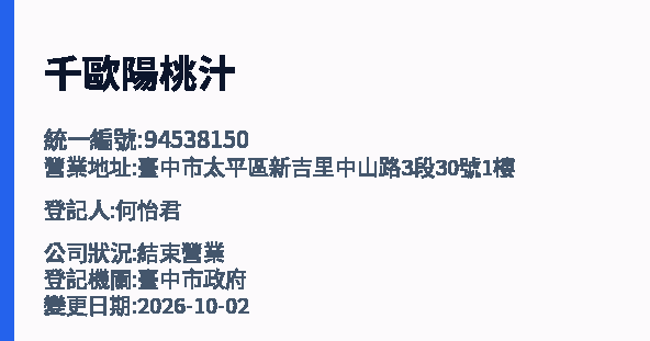 千歐陽桃汁的照片-統編 94538150(臺中市) 公司登記資料與營業項目詳細圖表