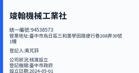 竣翰機械工業社的照片-統編 94538573(臺中市) 公司登記資料與營業項目詳細圖表