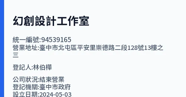 幻創設計工作室的照片-統編 94539165(臺中市) 公司登記資料與營業項目詳細圖表