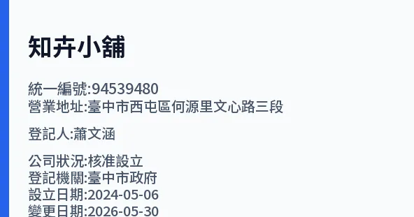知卉小舖的照片-統編 94539480(臺中市) 公司登記資料與營業項目詳細圖表