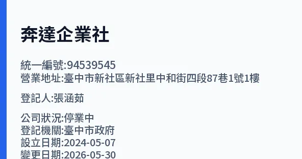奔達企業社的照片-統編 94539545(臺中市) 公司登記資料與營業項目詳細圖表