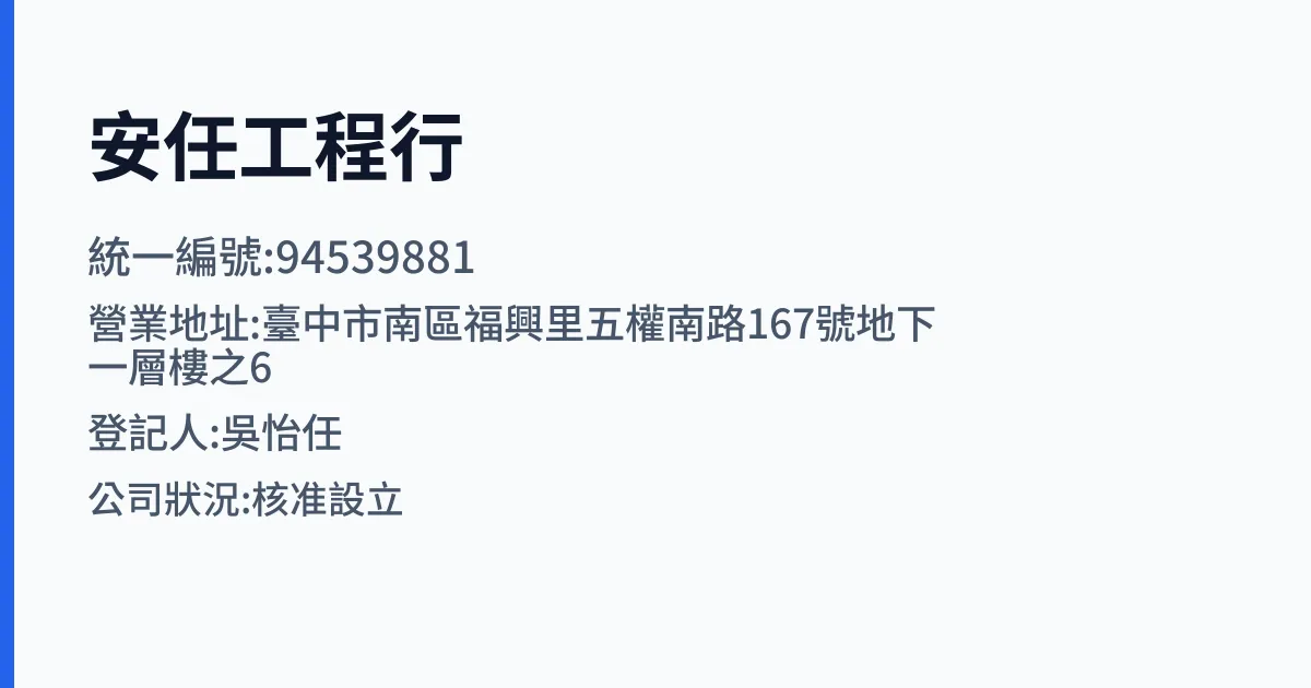 安任工程行 - 統編 94539881(臺中市) 公司登記資料與營業項目詳細圖表