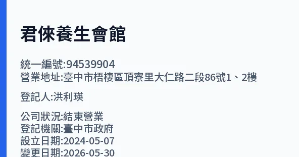 君倈養生會館的照片-統編 94539904(臺中市) 公司登記資料與營業項目詳細圖表